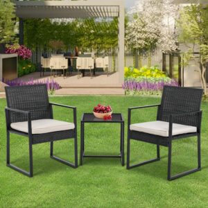 PayLessHere 3-Piece Rattan Wicker Bistro Set Outdoor Conversation Set Sturdy Frame Wicker Furniture with 2 Chairs Cushions Tempered Glass Table for Poolside Balcony Patio Bar Garden (Khaki)