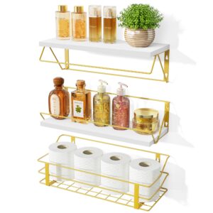 love-kankei floating shelves for wall, bathroom shelves over toilet with towel bar,wall shelves with storage wire basket, wood shelves for bedroom kitchen living room books, set of 3, white &gold