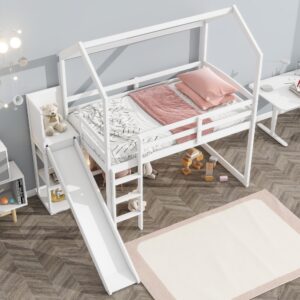 Merax Twin Size House Loft Bed with Slide and Storage Shelves, Wood Loft Bed for Boys & Girls (White)