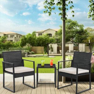 PayLessHere 3-Piece Rattan Wicker Bistro Set Outdoor Conversation Set Sturdy Frame Wicker Furniture with 2 Chairs Cushions Tempered Glass Table for Poolside Balcony Patio Bar Garden (Khaki)