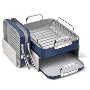 caraway square cookware set - square pans set - perfect for griddling, toasting, searing, roasting, and more - non-stick ceramic coated pans - non toxic, ptfe & pfoa free - navy