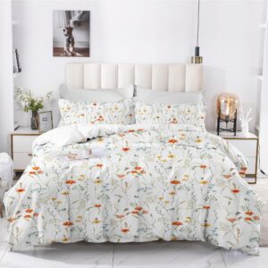 mullepp white floral duvet cover queen size 3 piece farmhouse yellow botanical flowers leaf pattern microfiber bedding comforter cover set, soft and lightweight quilt cover for all season