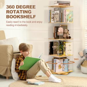 TAKEKIT Rotating Bookshelf, 360 Degree Revolving Bookcase, 4-Tier Spinning Bookshelf, Clear Acrylic & Solid Wood Rotating Bookcase for Kid’s Playroom, Bedroom and Living Room, Square