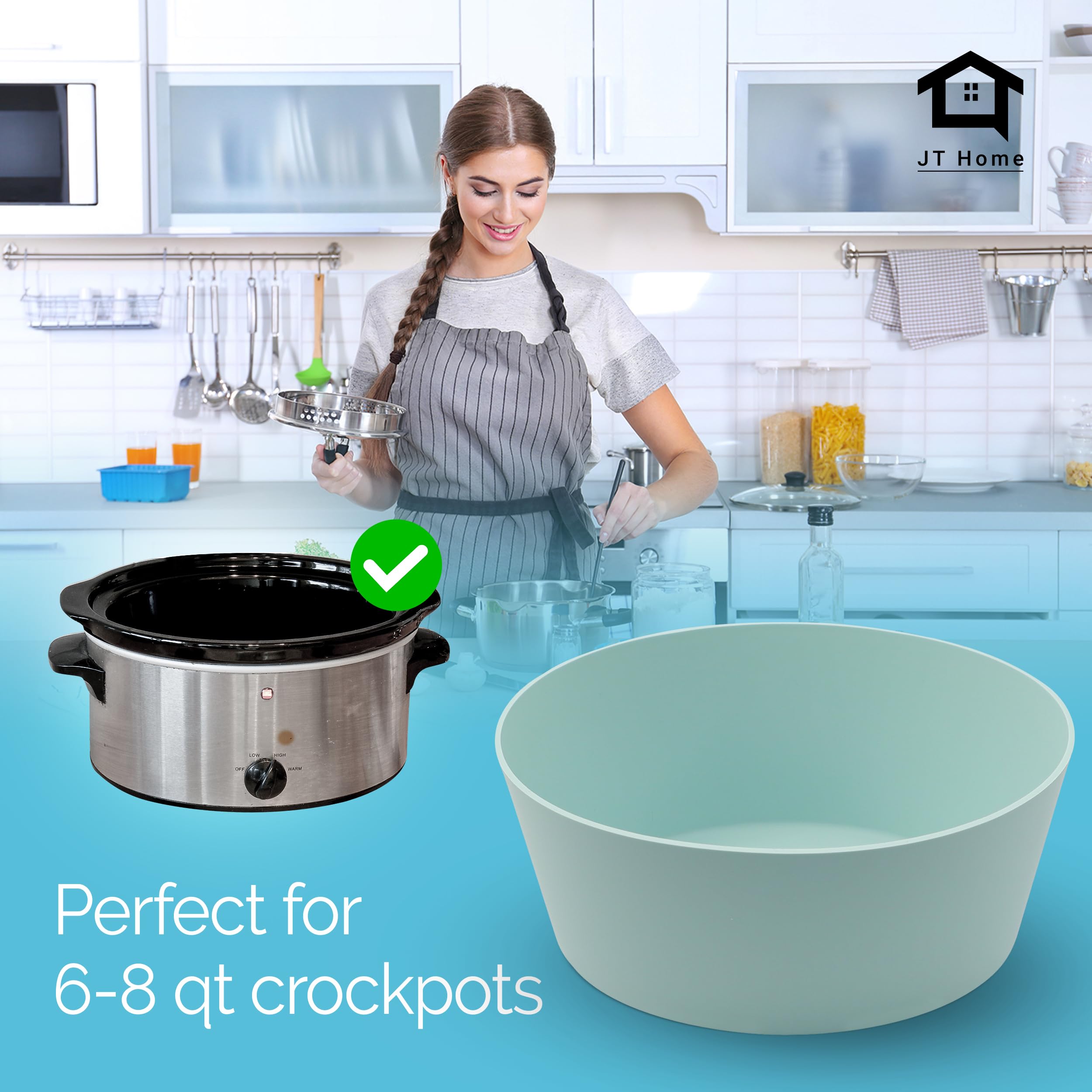 JT Home Silicone Crockpot Liner - Reusable Crockpot Liner for Large Slow Cookers, Compatible with 6 Quart Crockpot to 8 Quart Crockpot - Dishwasher-Safe & Leakproof Silicone Slow Cooker Liner - Teal