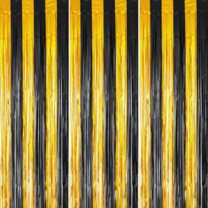 merear backdrop for party decorations, 3 pack black and gold foil fringe curtains party decor 8.2 * 3.3 ft tinsel streamers birthday party decorations photo fringe backdrop for party, graduation