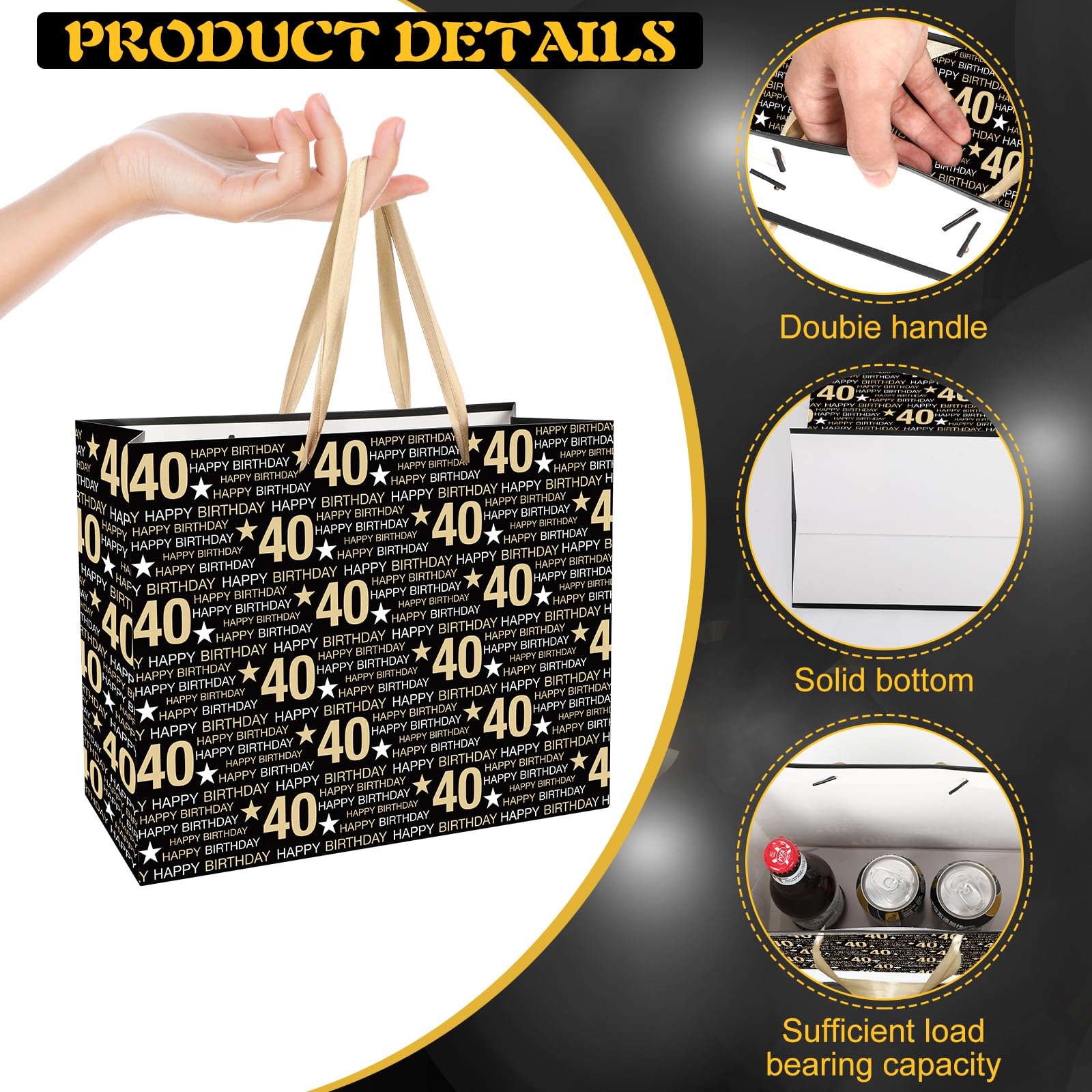 RUMIA Black Gold 40th Birthday Gift Bag with Tissue Paper and 40th Birthday Greeting Card, 40th Birthday Gift Wrapping Paper Bag for Men Women 40th Birthday Party Supplies