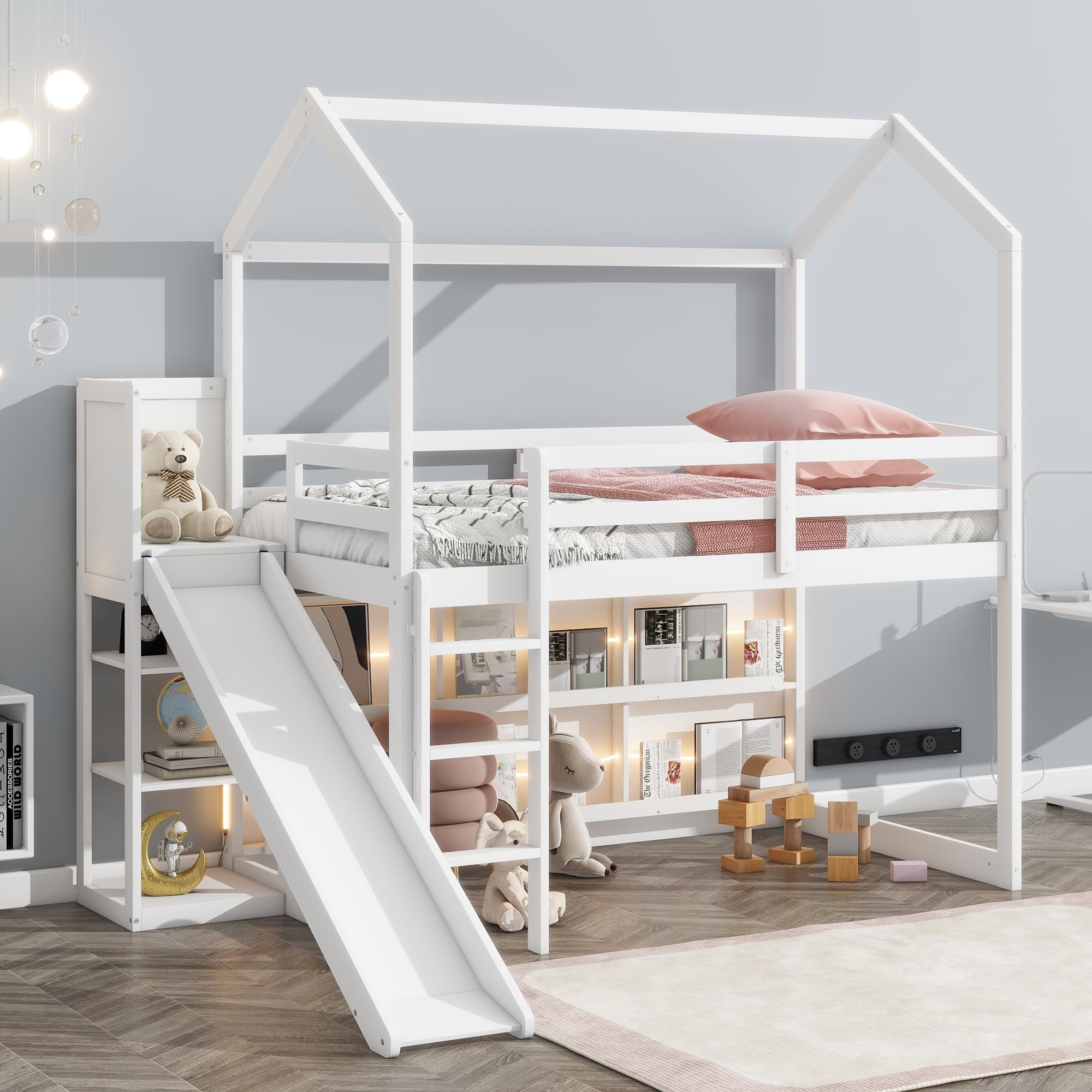 Merax Twin Size House Loft Bed with Slide and Storage Shelves, Wood Loft Bed for Boys & Girls (White)