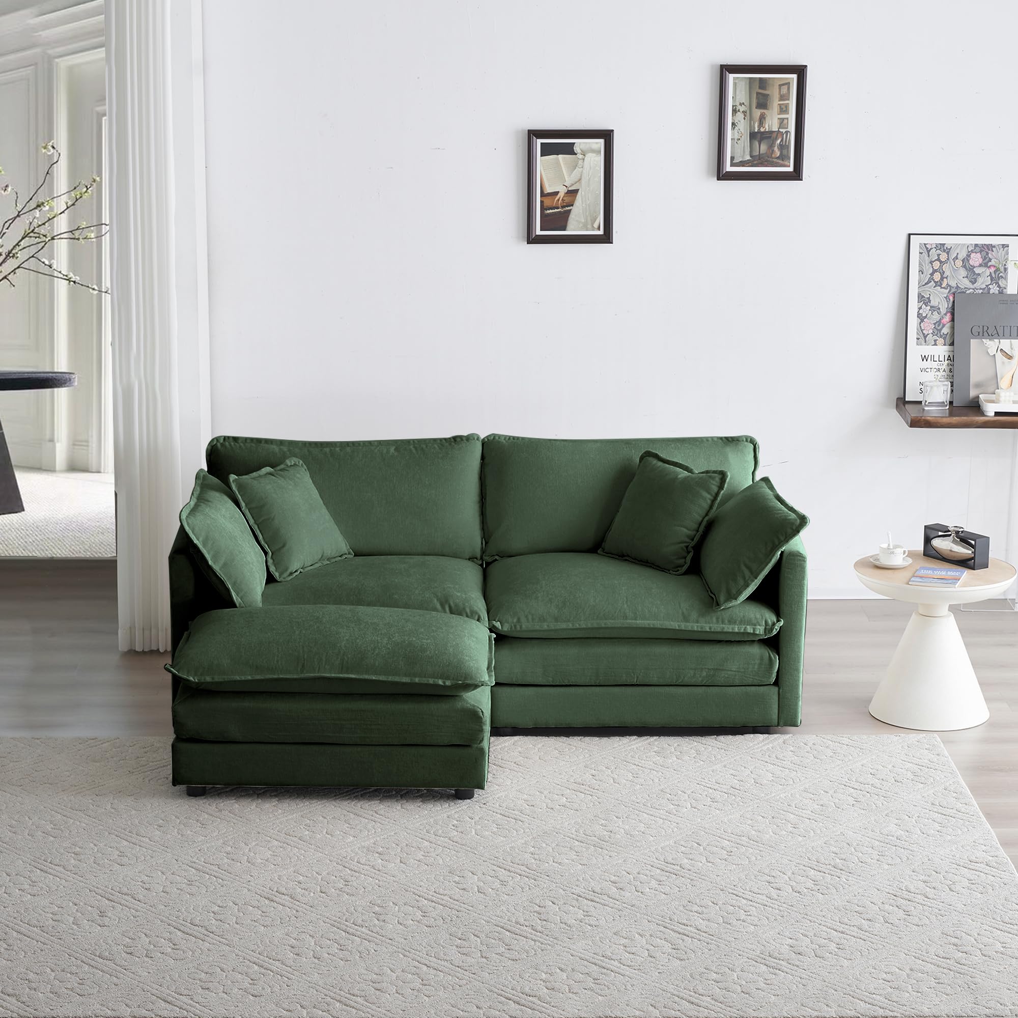 kevinplus 70'' Green Loveseat Sofa Couch with Convertible Ottoman for Living Room, Modern Contemporary 2-Seat Sofa Couch for Bedroom Apartment Small Spaces, Chenille Fabric (Loveseat + 1 Ottoman)