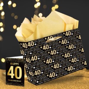 RUMIA Black Gold 40th Birthday Gift Bag with Tissue Paper and 40th Birthday Greeting Card, 40th Birthday Gift Wrapping Paper Bag for Men Women 40th Birthday Party Supplies