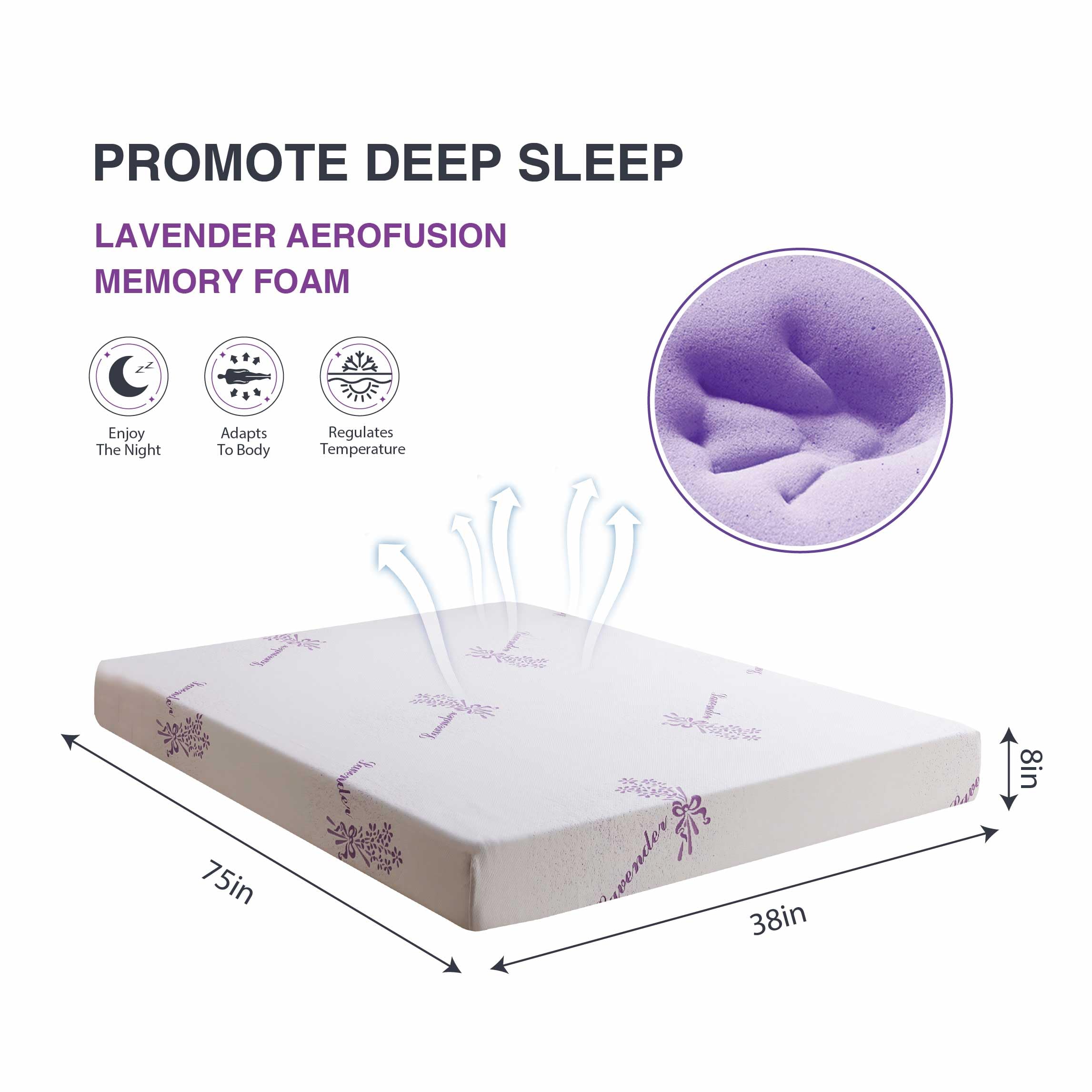 Dyonery Twin Mattress CertiPUR-US Certified, 8 Inch Lavender Infused Memory Foam Mattress, Pressure Relief, Bed in a Box