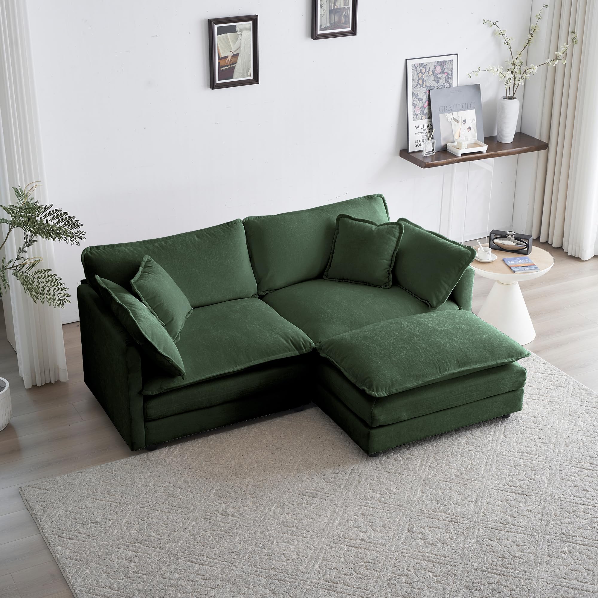 kevinplus 70'' Green Loveseat Sofa Couch with Convertible Ottoman for Living Room, Modern Contemporary 2-Seat Sofa Couch for Bedroom Apartment Small Spaces, Chenille Fabric (Loveseat + 1 Ottoman)