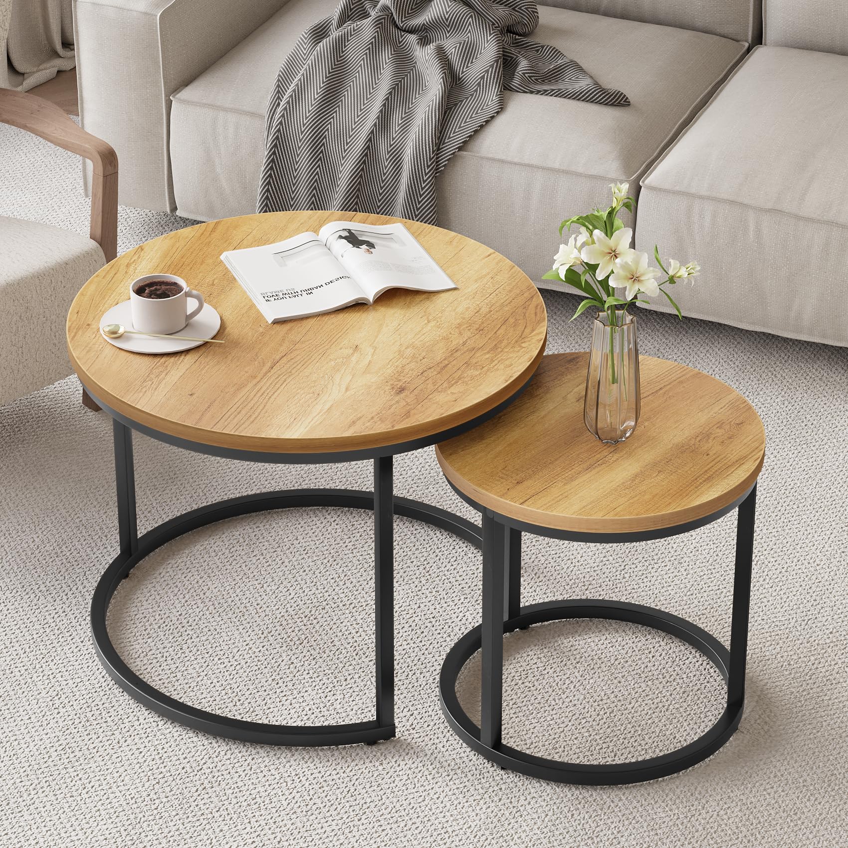 Smuxee Nesting Coffee Table Set of 2, 23.6" Round Coffee Table Brown Wood with Adjustable Non-Slip Feet, Industrial End Table Side Tables for Living Room Bedroom Balcony Yard