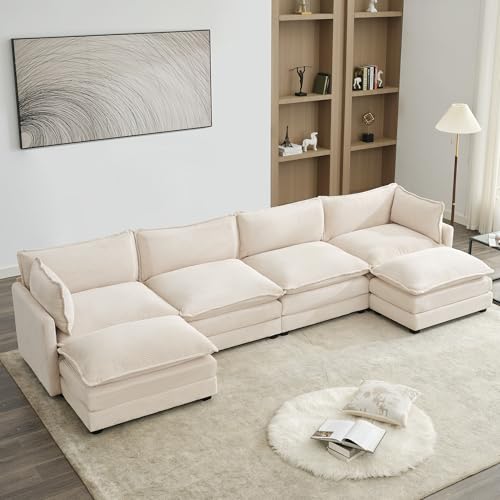 Bumblr Oversized Modular Sectional Couch with 2 Ottomans, 148" Wide Corduroy Sectional Sofa, Modern U Shaped Couch with Convertible Chaise, Extra Large 4 Seat Sofa Set, Beige