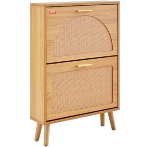 VEVOR Shoe Cabinet with 2 Flip Drawers, Shoe Storage Cabinet for Entryway, Free Standing Shoe Storage Organizer with Rattan Doors for Heels, Boots, Slippers in Hallway, Living Room