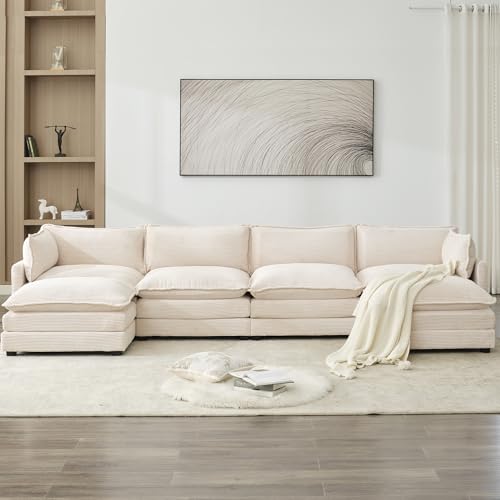 Bumblr Oversized Modular Sectional Couch with 2 Ottomans, 148" Wide Corduroy Sectional Sofa, Modern U Shaped Couch with Convertible Chaise, Extra Large 4 Seat Sofa Set, Beige