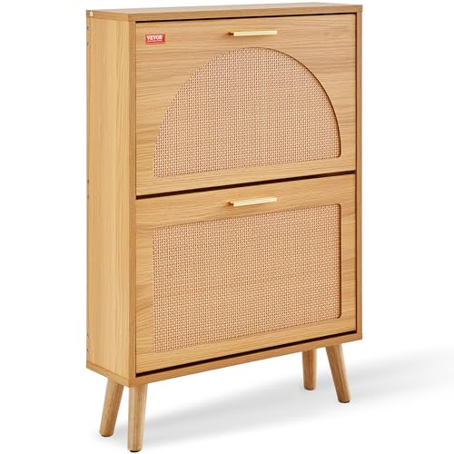 VEVOR Shoe Cabinet with 2 Flip Drawers, Shoe Storage Cabinet for Entryway, Free Standing Shoe Storage Organizer with Rattan Doors for Heels, Boots, Slippers in Hallway, Living Room