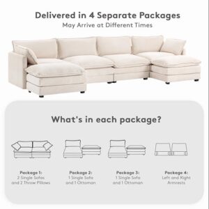 Bumblr Oversized Modular Sectional Couch with 2 Ottomans, 148" Wide Corduroy Sectional Sofa, Modern U Shaped Couch with Convertible Chaise, Extra Large 4 Seat Sofa Set, Beige