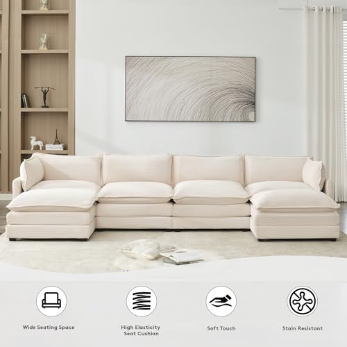 Bumblr Oversized Modular Sectional Couch with 2 Ottomans, 148" Wide Corduroy Sectional Sofa, Modern U Shaped Couch with Convertible Chaise, Extra Large 4 Seat Sofa Set, Beige