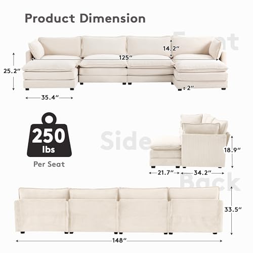 Bumblr Oversized Modular Sectional Couch with 2 Ottomans, 148" Wide Corduroy Sectional Sofa, Modern U Shaped Couch with Convertible Chaise, Extra Large 4 Seat Sofa Set, Beige