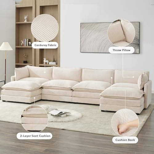 Bumblr Oversized Modular Sectional Couch with 2 Ottomans, 148" Wide Corduroy Sectional Sofa, Modern U Shaped Couch with Convertible Chaise, Extra Large 4 Seat Sofa Set, Beige