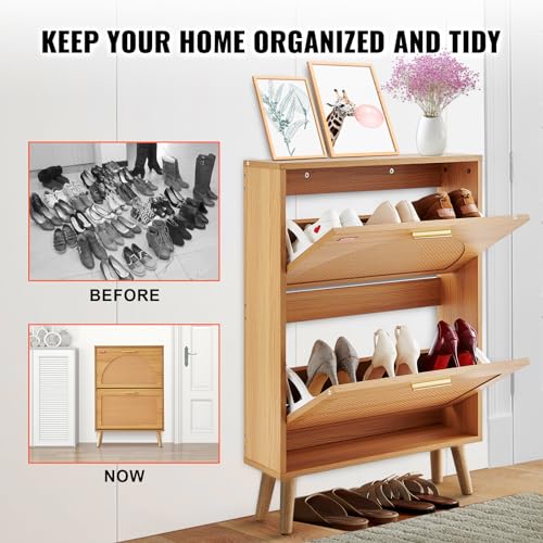 VEVOR Shoe Cabinet with 2 Flip Drawers, Shoe Storage Cabinet for Entryway, Free Standing Shoe Storage Organizer with Rattan Doors for Heels, Boots, Slippers in Hallway, Living Room