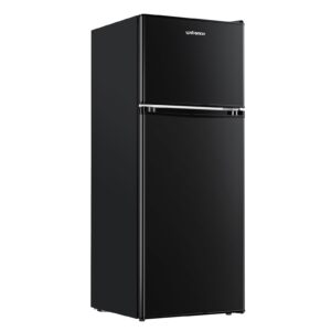 upstreman 4.0 cu.ft. small refrigerator with freezer, dorm essentials, double door mini fridge for office, dorm, bedroom, adjustable thermostat, large capacity, black-br401