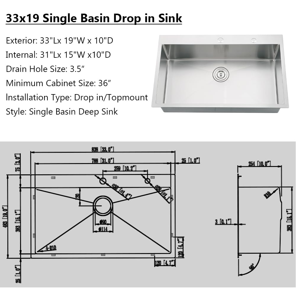 33 Inch Drop in Kitchen Sink, Jshozzy 33 x 19 Kitchen Sink Drop in 16 Gauge Stainless Steel Kitchen Sink Top Mount Single Bowl Deep Kitchen Sink with Drain Strainer