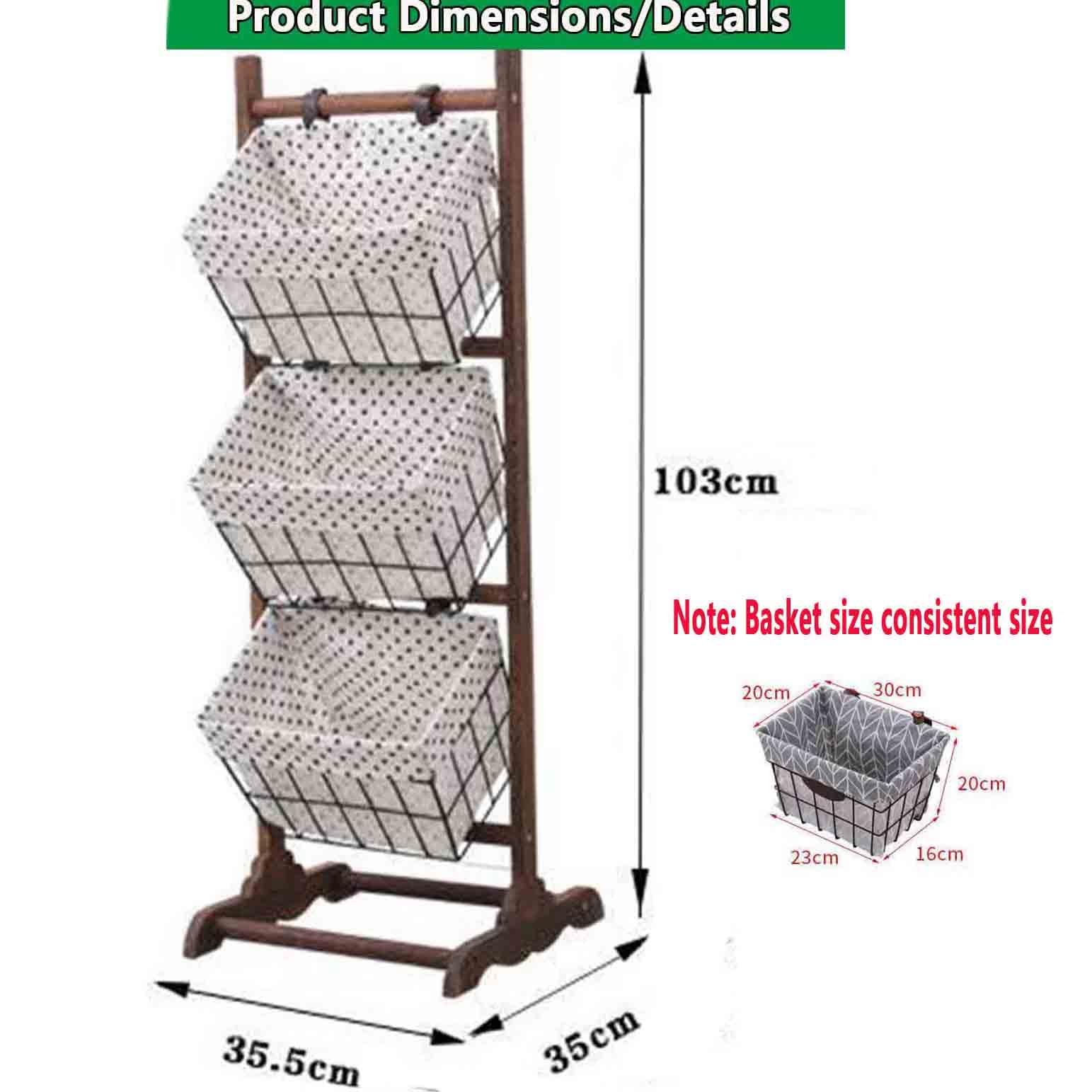 3-Tier Floor Stand with Water Hyacinth Storage Baskets,with Market Basket Storage Bins-Vertical Standing Rack for Living Room,Laundry, Bedroom, Bathroom,Office Organization(Three layers, White+Gray)