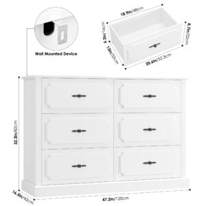 FINETONES White Dresser 6 Drawer, 47.2'' White Dresser Chest of Drawers, Farmhouse Wide Dresser White Chest of Drawers with Designed Drawer Surfaces, 6 Drawer Dresser Storage Organizer