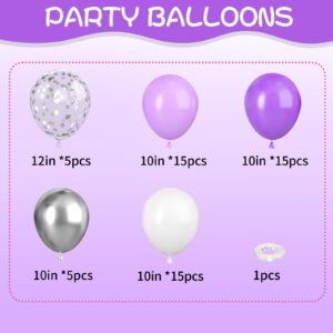 Purple and Silver Balloons, Purple White and Silver Balloons, Silver Confetti Balloons Purple White Latex Balloons for Birthday Baby Shower Wedding Anniversary Graduation Party Supplies