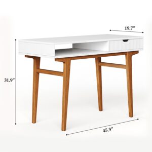 Longcoam Design White Computer Desk with Drawers - 45 inch Minimalist Small Solid Wood Mid-Century Modern Office Desk for Home - Boho Style Writing Table with Open Storage,Light Wooden Desk Workspace