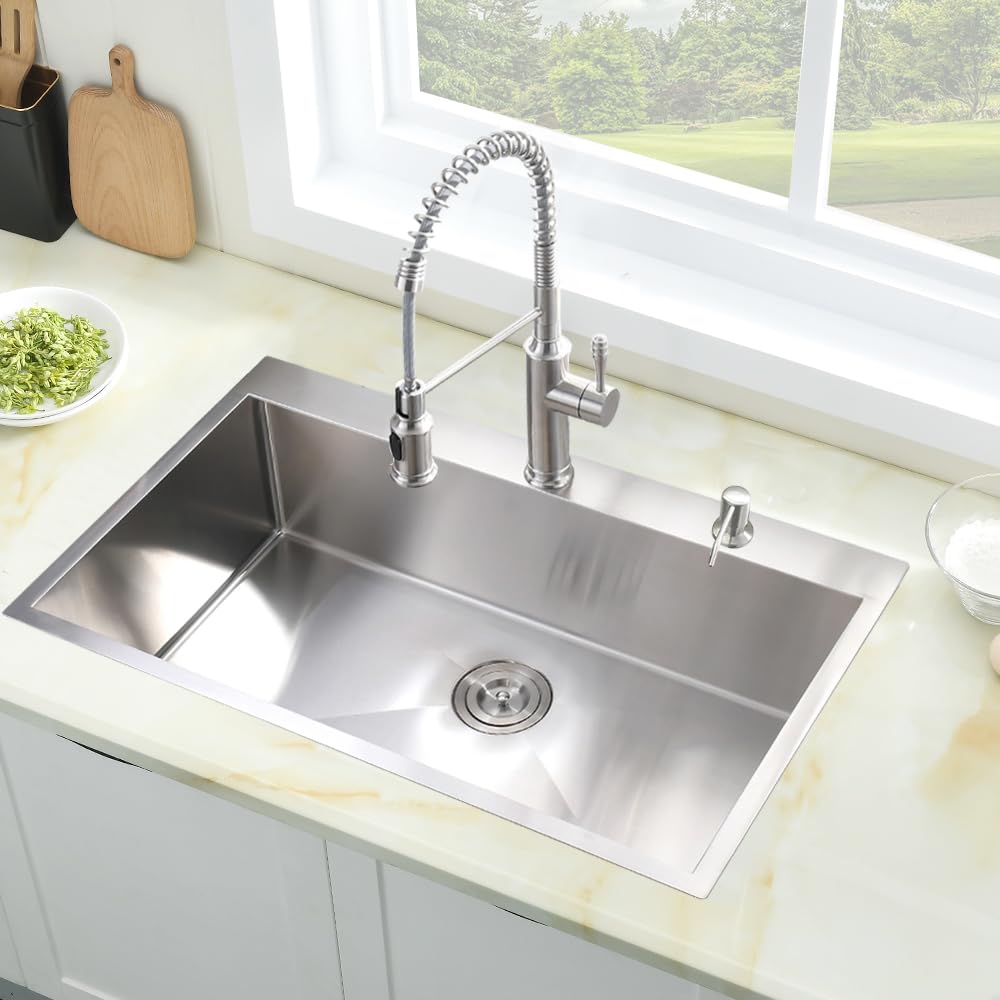 33 Inch Drop in Kitchen Sink, Jshozzy 33 x 19 Kitchen Sink Drop in 16 Gauge Stainless Steel Kitchen Sink Top Mount Single Bowl Deep Kitchen Sink with Drain Strainer