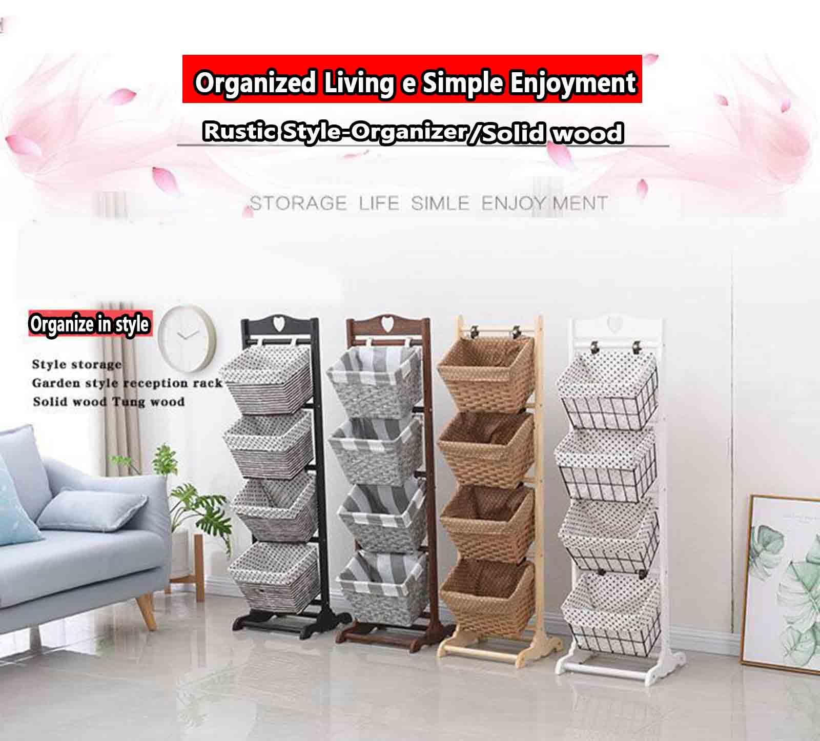 3-Tier Floor Stand with Water Hyacinth Storage Baskets,with Market Basket Storage Bins-Vertical Standing Rack for Living Room,Laundry, Bedroom, Bathroom,Office Organization(Three layers, White+Gray)