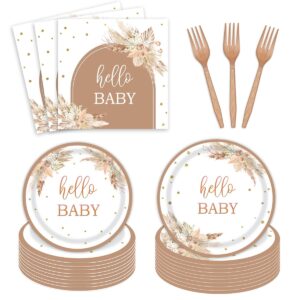 96pcs boho baby shower party plates and napkins tableware set for 24 guests bohemian pampas grass floral rainbow arch party dinnerware supplies favors decorations for hello baby events