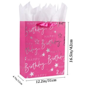 JWSCYSY 16.5" Extra Large Happy Birthday Gift Bag with Card and Tissue Papers, Huge Gift Bag for Kids Girls Birthday Party (Pink)