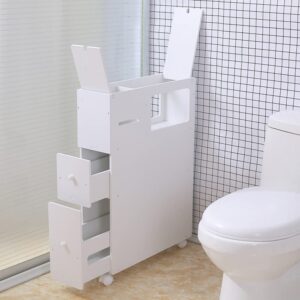 konkenie 4 tier slim toilet side cabinet bath narrow corner floor cabinet with wheels 2 drawer bathroom storage cabinet with shelf toilet paper holder towel organizer vertical for small space white