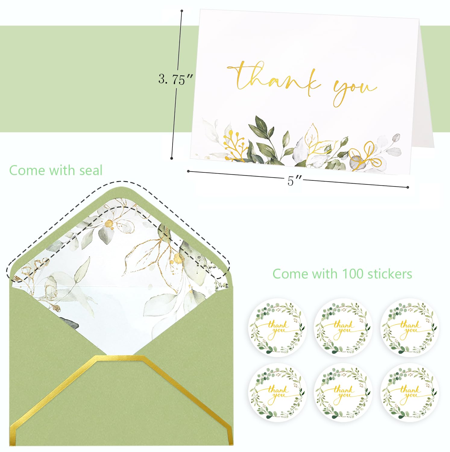 VEEYOL 100 Gold Foil Thank You Cards with Envelopes, 5x3.75 Inches Greenery Eucalyptus Thank You Notes For Wedding, Baby Shower, Graduation, Bridal, Business, Anniversary