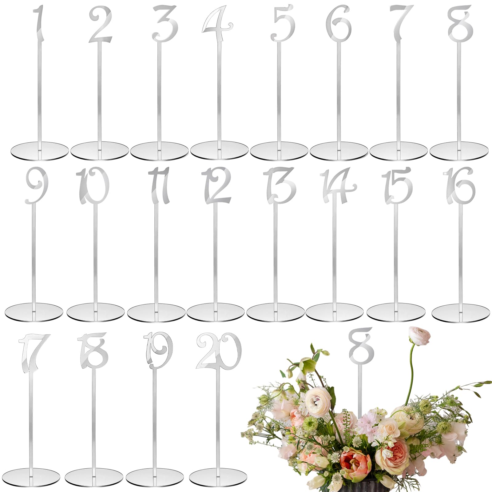 Beeveer 20 Pcs Acrylic Table Numbers 1-20 Wedding Table Numbers with Stands Party Table Number for Wedding Reception Anniversary Party Baby Bridal Shower Restaurant Banquet (Silver)