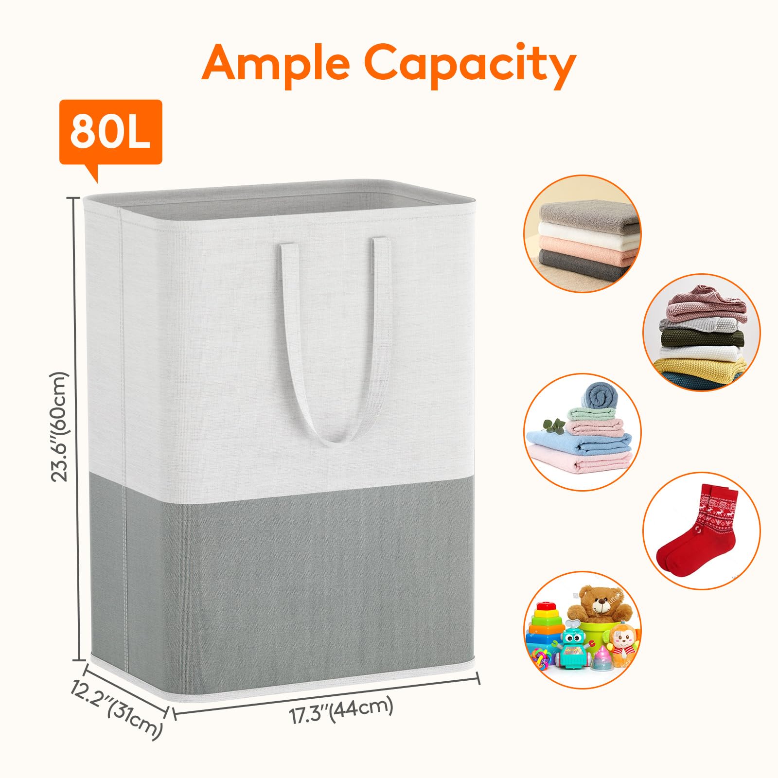 Lifewit 2 x 80L Laundry Hamper, Freestanding Laundry Basket with Handles, Waterproof Tall Collapsible Clothes Hamper for Laundry Dorm Bedroom Bathroom, Dark-Light