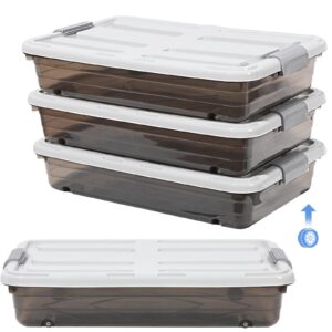 beeveer 4 pcs plastic under bed storage containers with lid wheel handle, transparent large capacity stackable latching storage bins for closet bedroom clothes shoes (brown,23.7 x 15.8 x 5.2)