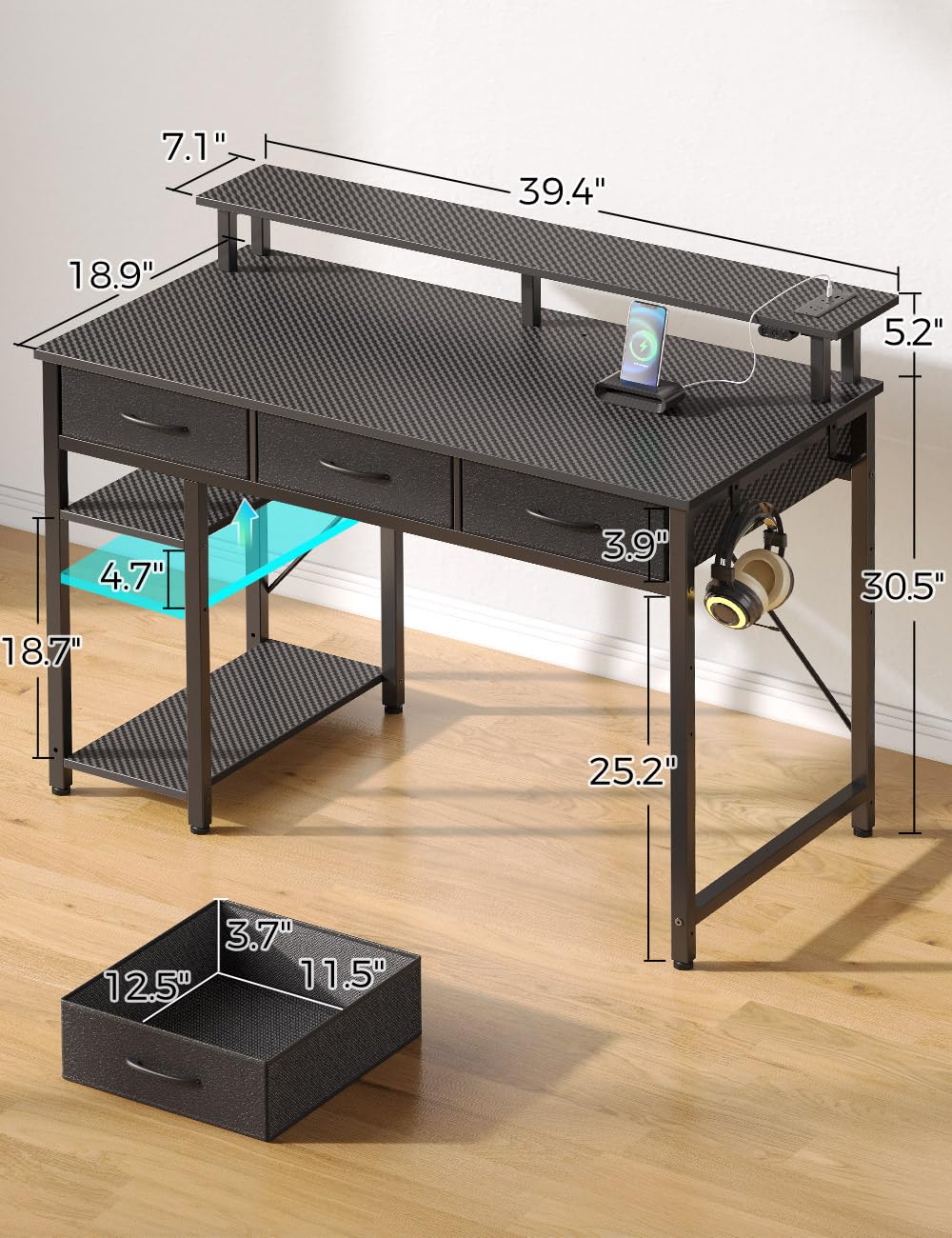 Rolanstar Computer Desk with Power Outlets & LED Light, 39 inch Home Office Desk with 3 Drawers and Storage Shelves, Writing Desk with Monitor Stand, Modern Work Desk for Home Office, Carbon Black