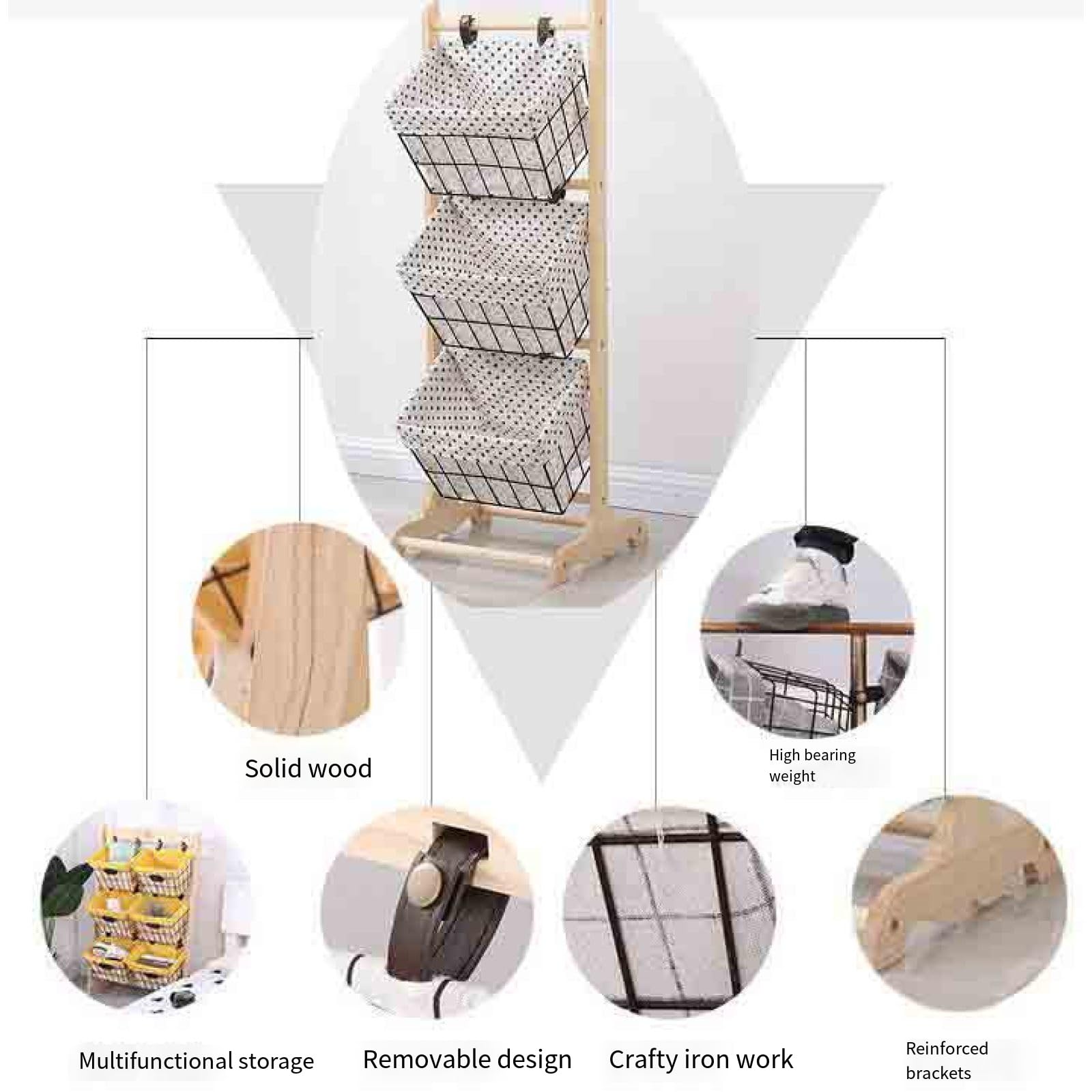 3-Tier Floor Stand with Water Hyacinth Storage Baskets,with Market Basket Storage Bins-Vertical Standing Rack for Living Room,Laundry, Bedroom, Bathroom,Office Organization(Three layers, White+Gray)