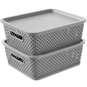 maxgear organization and storage, plastic storage bins organizer bins, woven baskets for storage, plastic baskets with lid storage baskets for organizing, basket organizer, large, grey, 2 packs