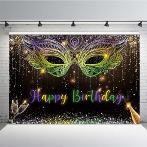 mehofond 7x5ft mardi gras theme backdrop masquerade happy birthday party background purple green gold mask dancing prom party photo booth for wedding bachelorette party decorations banner