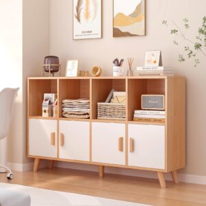 oschf cubby shelf bookcase with doors - wooden 8 cube floor standing open bookshelf with solid wood legs, 2-tier low storage cabinet, oak and warm white