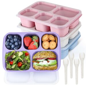 mamix bento box adult lunch box, 5 compartment bento box for adults 4 pack, reusable stackable snack containers for kids adults with utensils, for school, work, and travel (wheat)