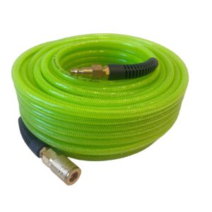 air hose 1/4 in x 100 ft, polyurethane(pu), reinforced air compressor hose, lightweight, kink resistant with 1/4” industrial high flow quick coupler&plug, bend restrictors,300 psi (100ft, white green)