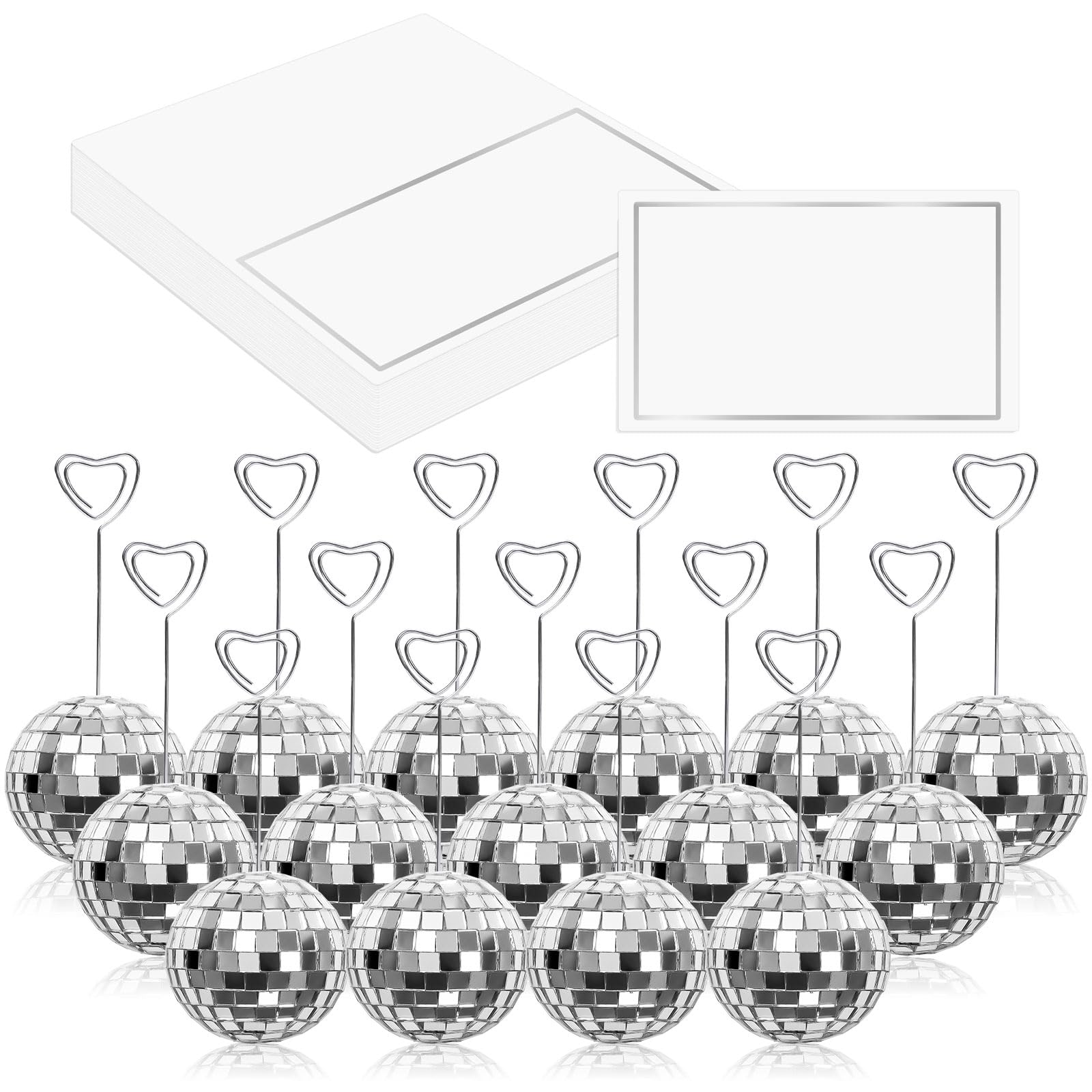 Whaline 60Pcs 2 Inch Disco Ball Table Number Holders Place Cards Set Silver Tented Cards Name Cards Stands with Heart Swirl Wire for Wedding Party Table Sign Display Supplies