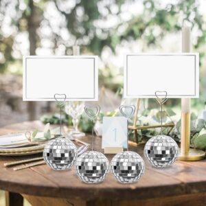 Whaline 60Pcs 2 Inch Disco Ball Table Number Holders Place Cards Set Silver Tented Cards Name Cards Stands with Heart Swirl Wire for Wedding Party Table Sign Display Supplies