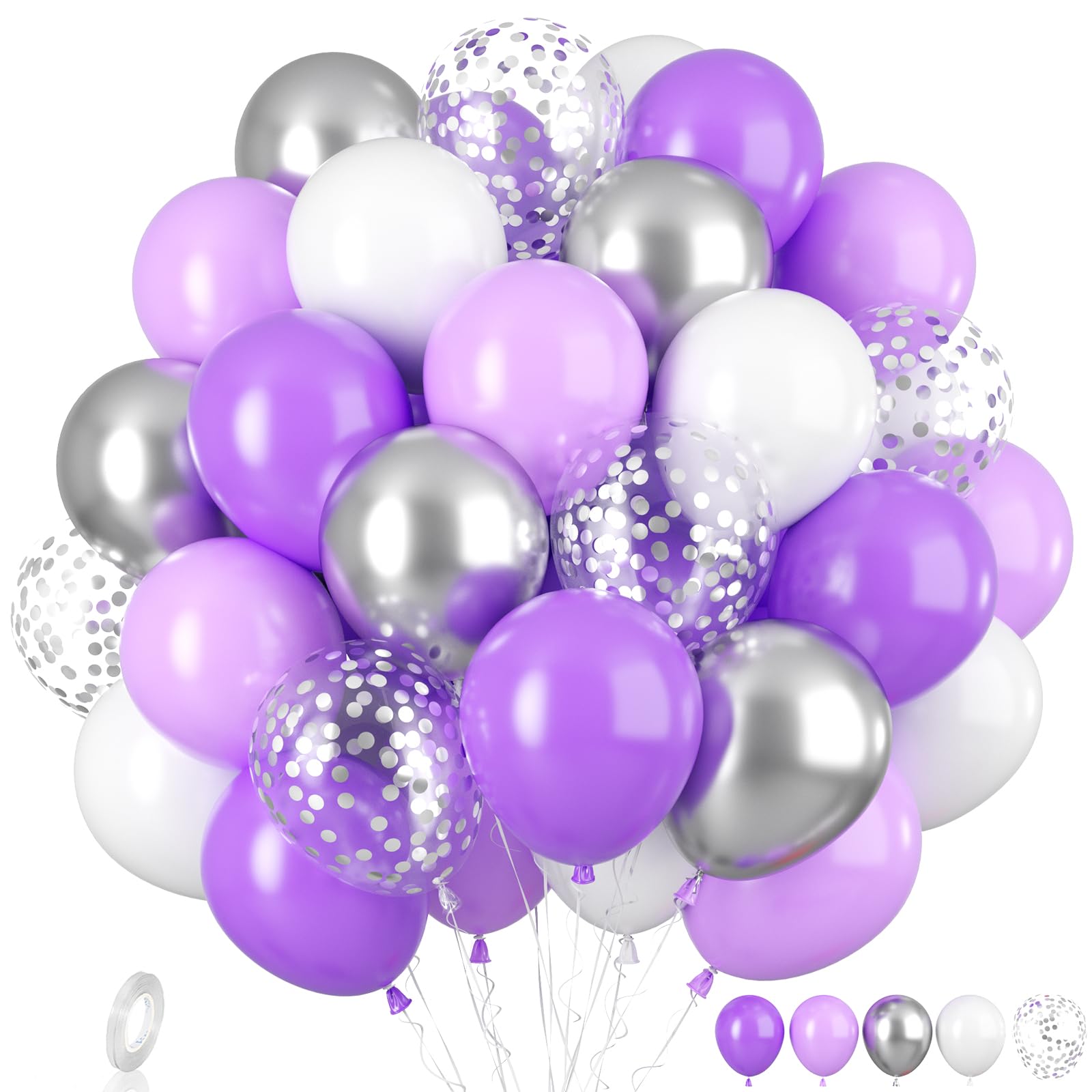 Purple and Silver Balloons, Purple White and Silver Balloons, Silver Confetti Balloons Purple White Latex Balloons for Birthday Baby Shower Wedding Anniversary Graduation Party Supplies